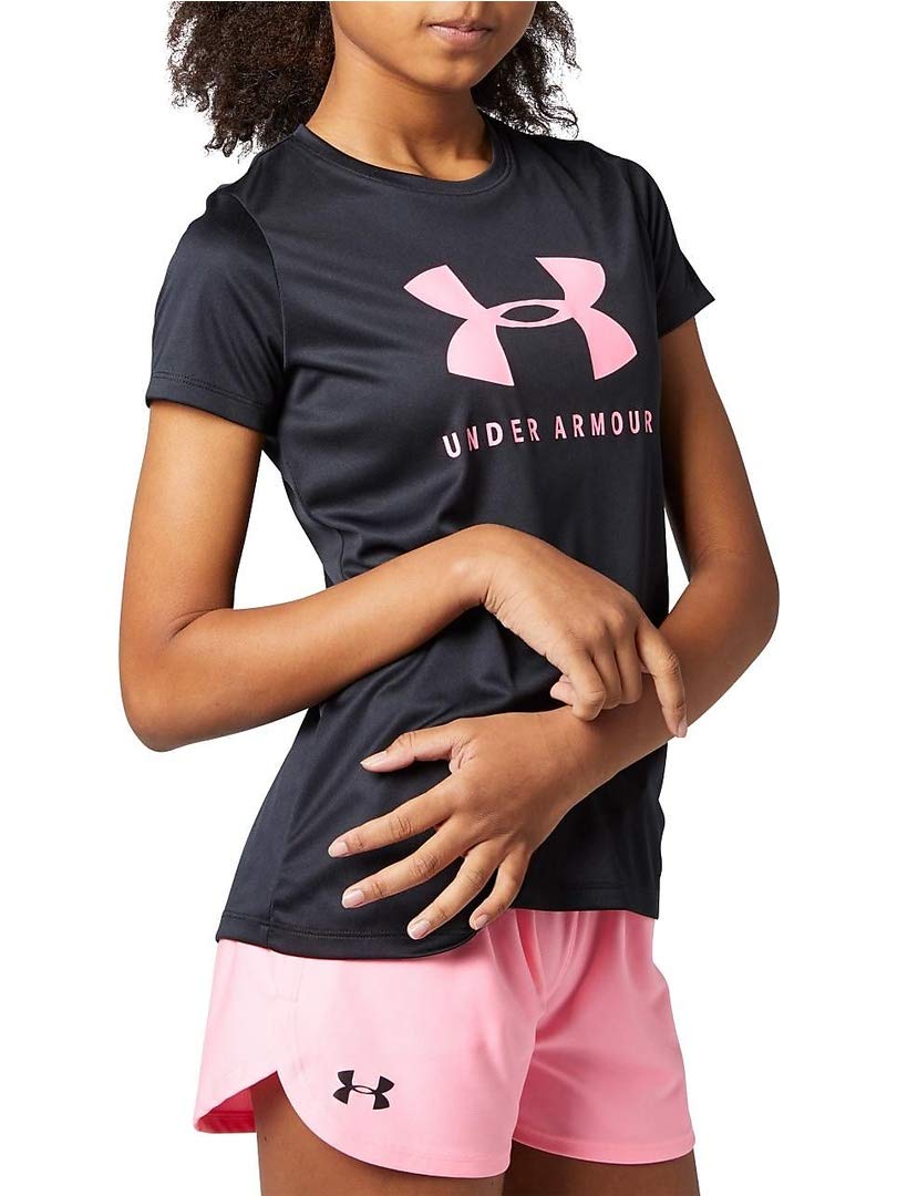 Under Armour Girls' Tech Solid Graphic Big Logo Short Sleeve T-shirt, Black (001)/Pink Craze, Youth X-Small