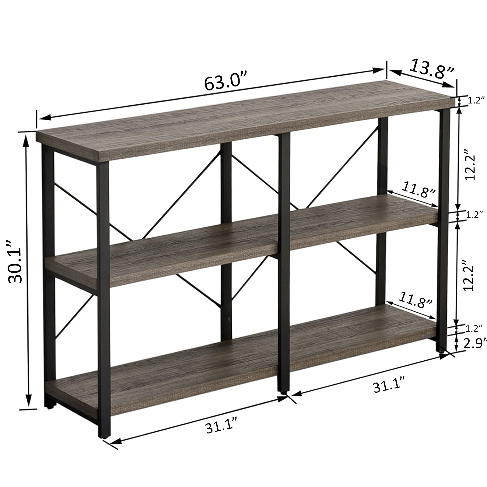 GRELO HOME Rustic Console Table for Entryway, Industrial Sofa/Entry Table with Storage Open Bookshelf, 55 Inch Gray Oak