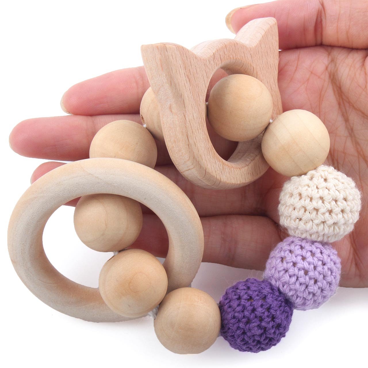 Beech Wooden Teethers 4 Packs, Natural Baby Teething Toys Wood DIY Soothing Charms, Chewable Toy Toddler Gift Jewelry, Cloud Cat Star Bird