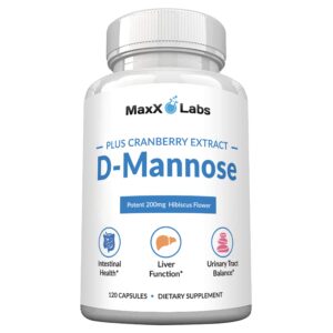 maxx labs d mannose capsules - fast acting 1400 mg extra strength dmannose capsule for bladder health with potent cranberry extract & hibiscus flower supports uti relief supplement - 120 ct