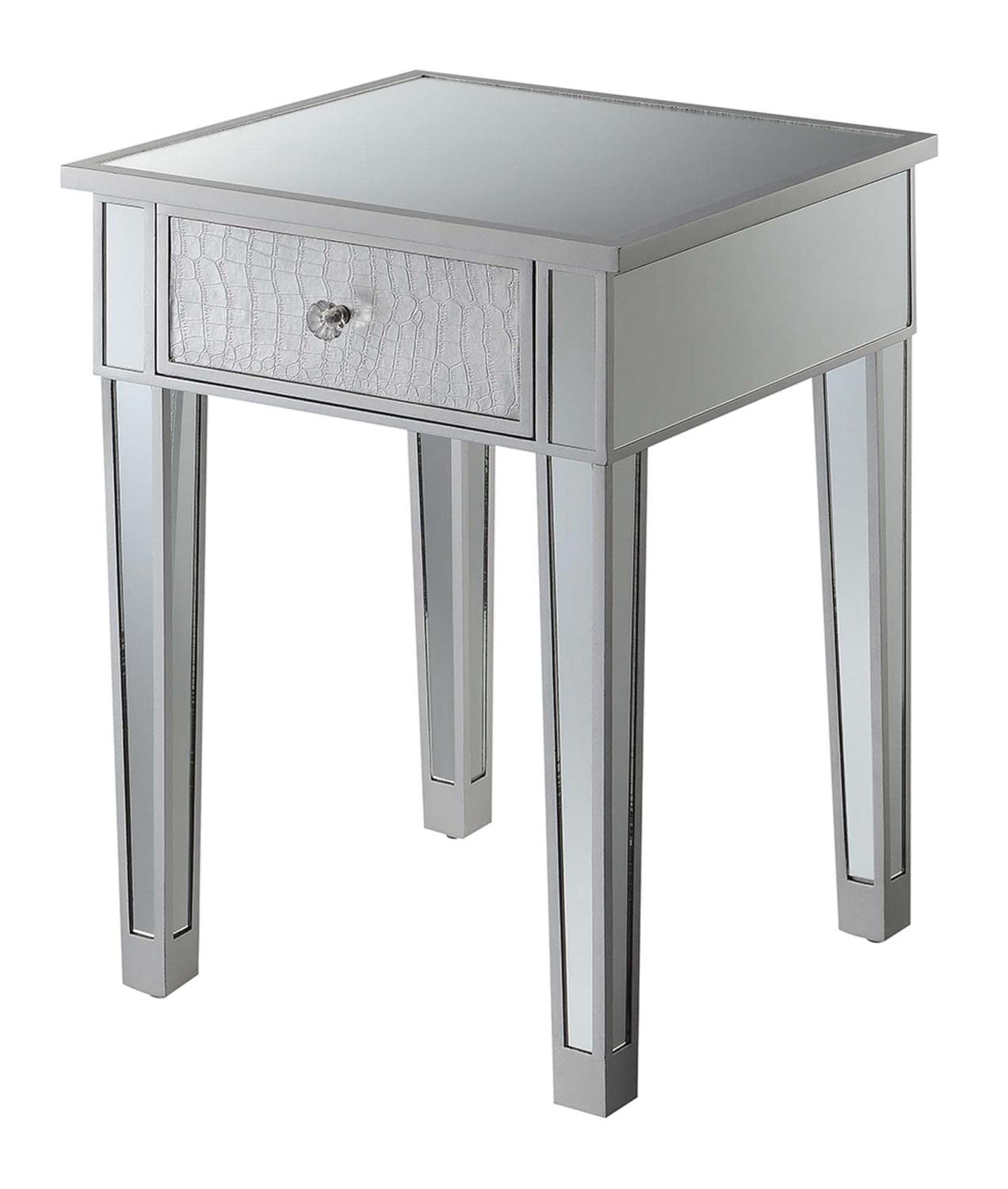 Convenience Concepts Gold Coast Mirrored End Table with Drawer, Silver / Silver Faux Croc