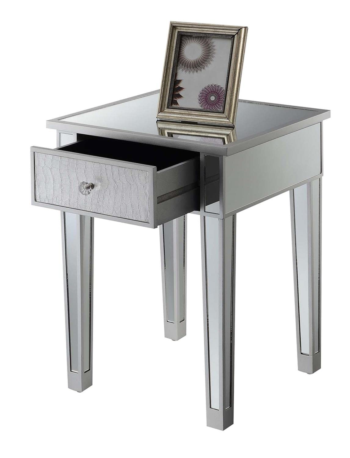 Convenience Concepts Gold Coast Mirrored End Table with Drawer, Silver / Silver Faux Croc