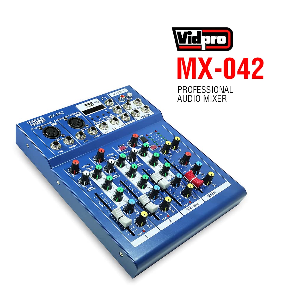 Vidpro MX-042 Professional Audio Mixer - Sound Board Console - Desk Interface System with 4 Audio Inputs Bluetooth MP3 & More Ultra-Low-Noise Ideal for Recording Casting Streaming & DJ Use