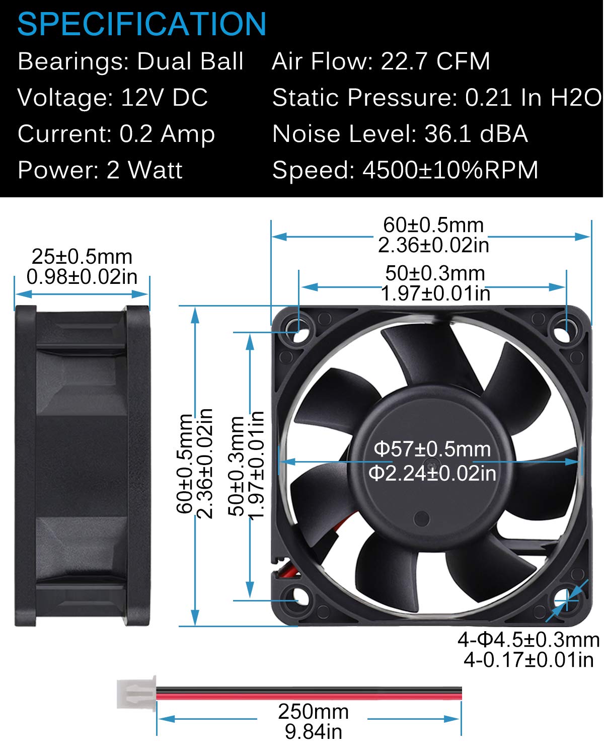 GDSTIME 60mm Fan, 60mm x 60mm x 25mm Dual Ball Bearings 12V DC Brushless Cooling Fan