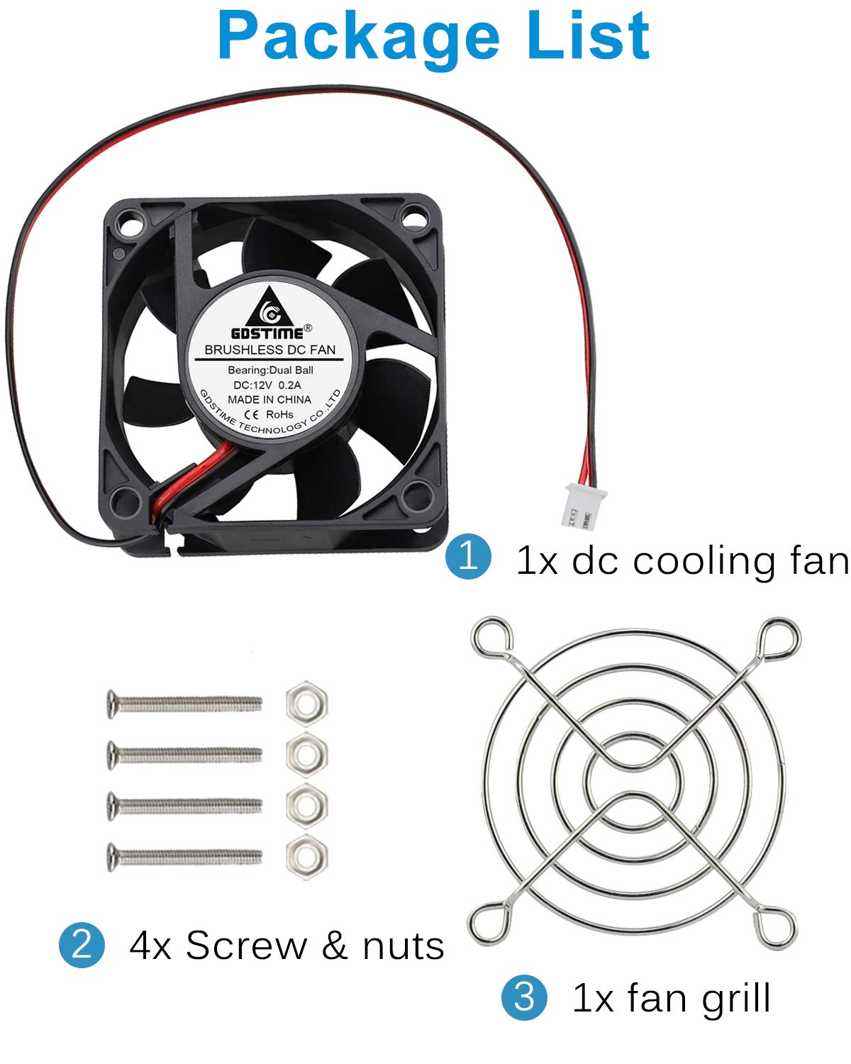 GDSTIME 60mm Fan, 60mm x 60mm x 25mm Dual Ball Bearings 12V DC Brushless Cooling Fan