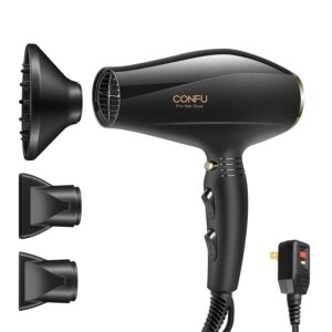 ionic hair dryer with diffuser, confu professional salon blow dryer with ac motor, 2 concentrator nozzle attachments and alci safety plug, for women and men and home salon