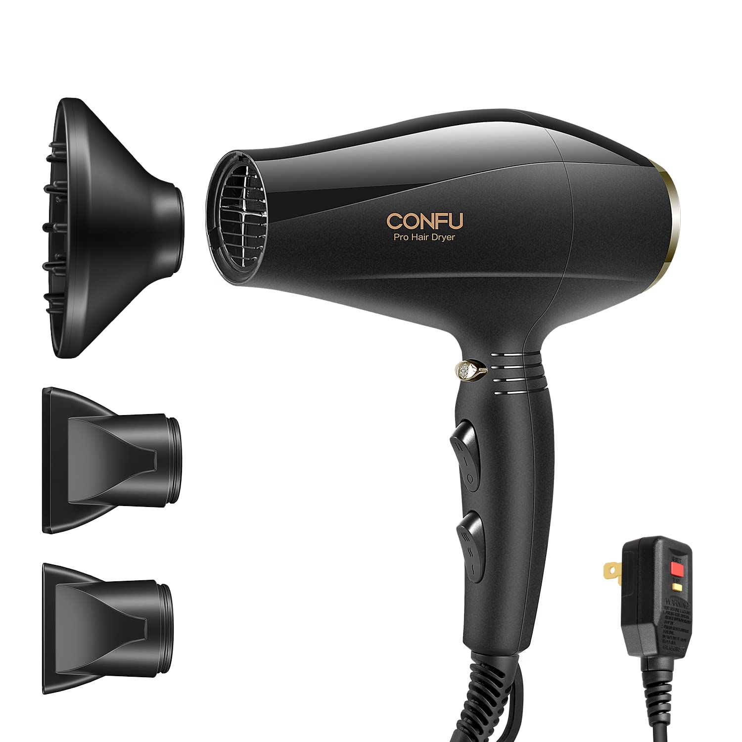 Ionic Hair Dryer with Diffuser, CONFU Professional Salon Blow Dryer with Ac Motor, 2 Concentrator Nozzle Attachments and ALCI Safety Plug, for Women and Men and Home Salon