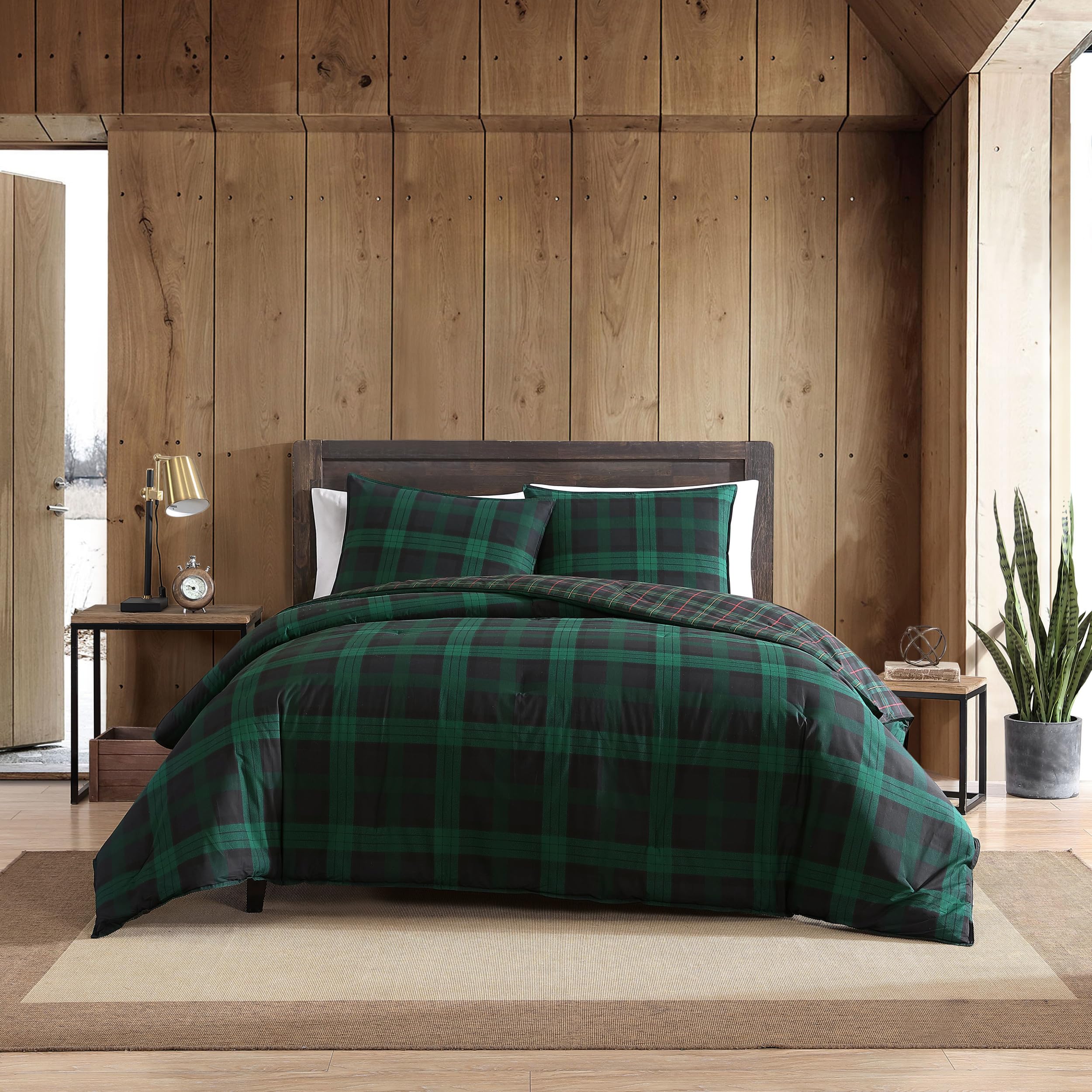 Eddie Bauer - Queen Comforter Set, Cotton Reversible Bedding with Matching Shams, Stylish Plaid Home Decor (Woodland Tartan Green, Queen)