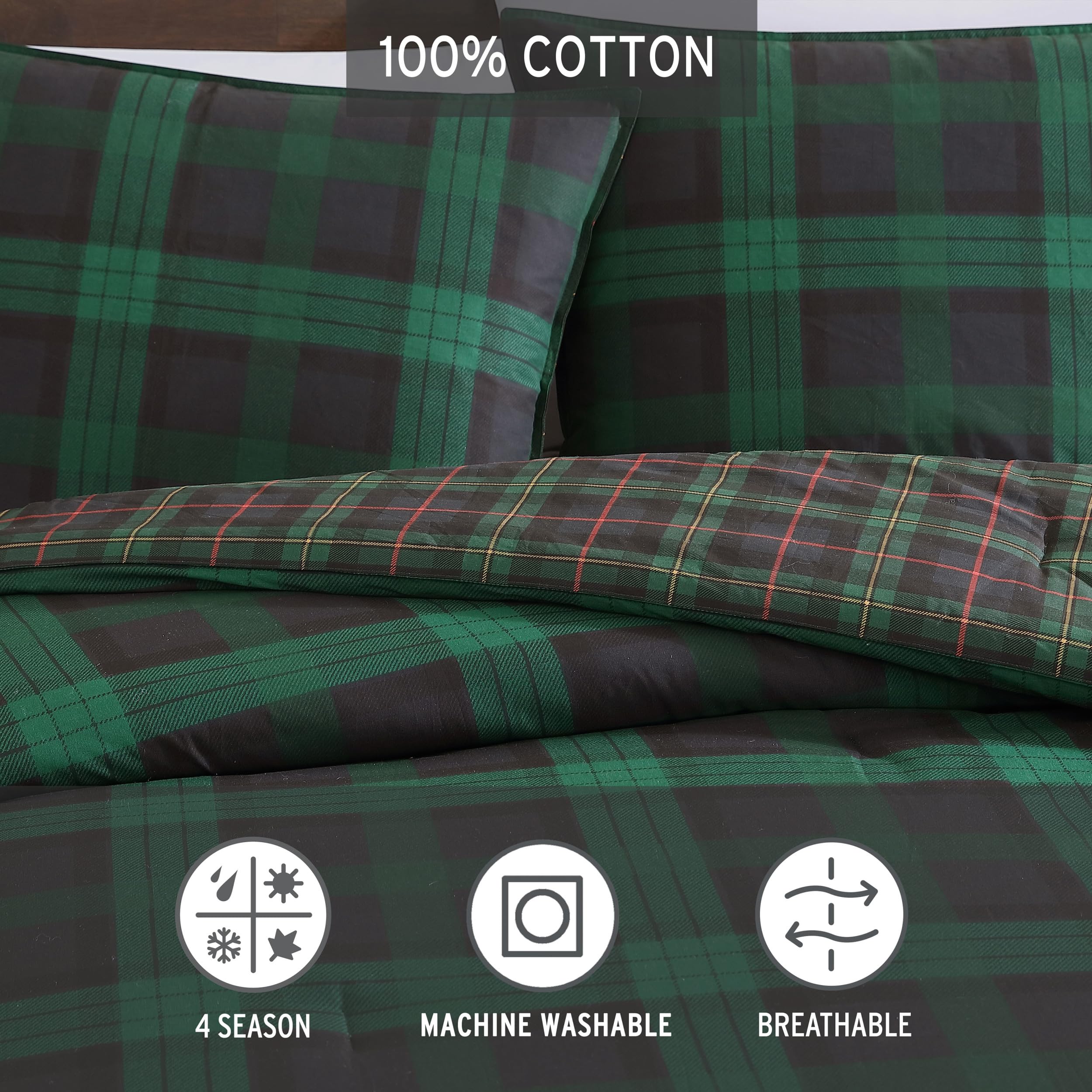 Eddie Bauer - Queen Comforter Set, Cotton Reversible Bedding with Matching Shams, Stylish Plaid Home Decor (Woodland Tartan Green, Queen)