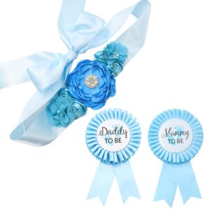 sky blue maternity sash & mommy daddy corsage kit - baby shower sash baby boy pregnancy sash keepsake baby shower flower belly belt