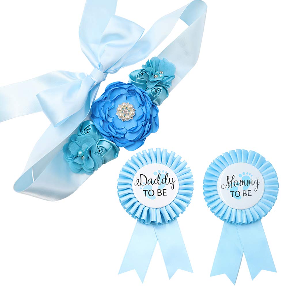 Sky Blue Maternity Sash & Mommy Daddy Corsage Kit - Baby Shower Sash Baby Boy Pregnancy Sash Keepsake Baby Shower Flower Belly Belt