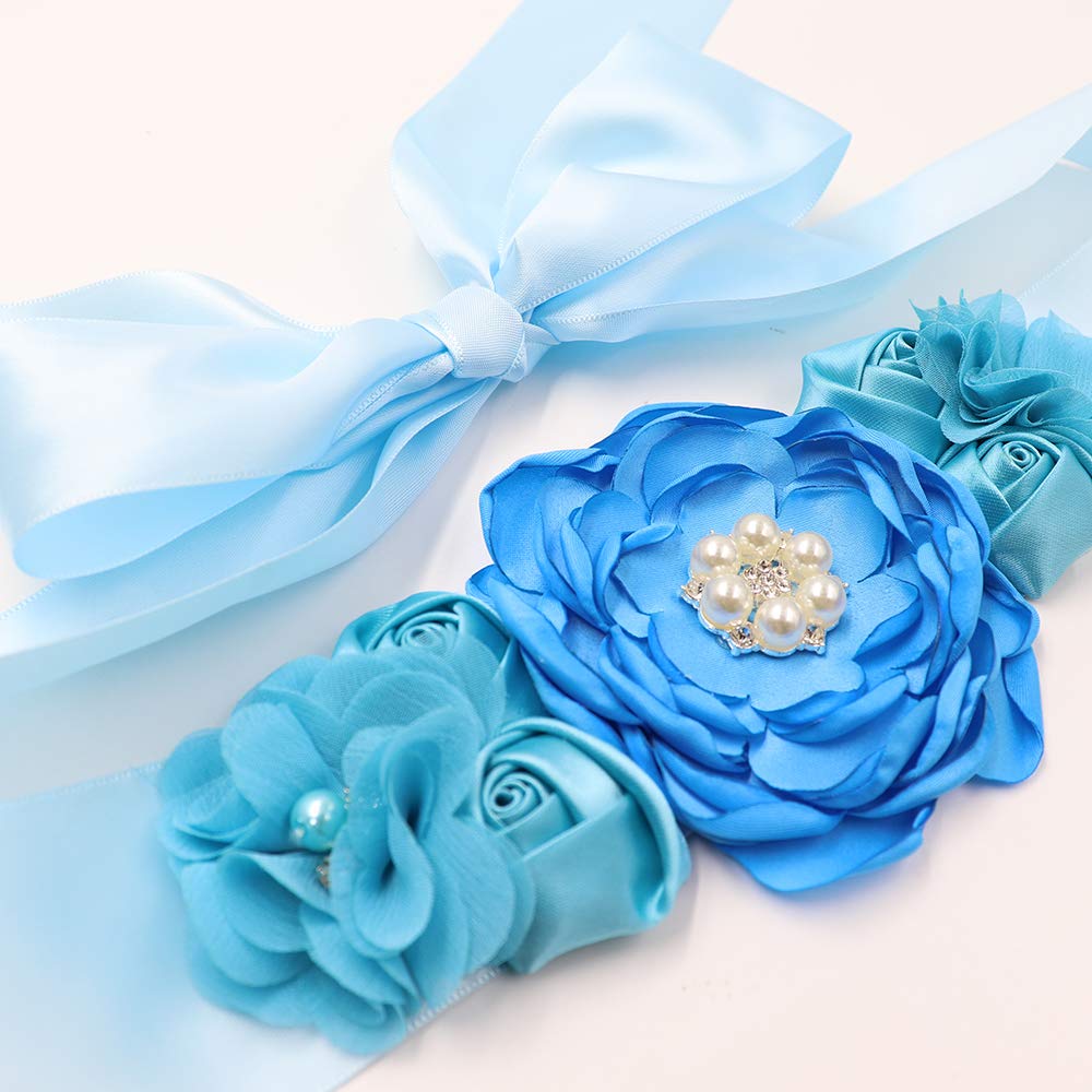 Sky Blue Maternity Sash & Mommy Daddy Corsage Kit - Baby Shower Sash Baby Boy Pregnancy Sash Keepsake Baby Shower Flower Belly Belt