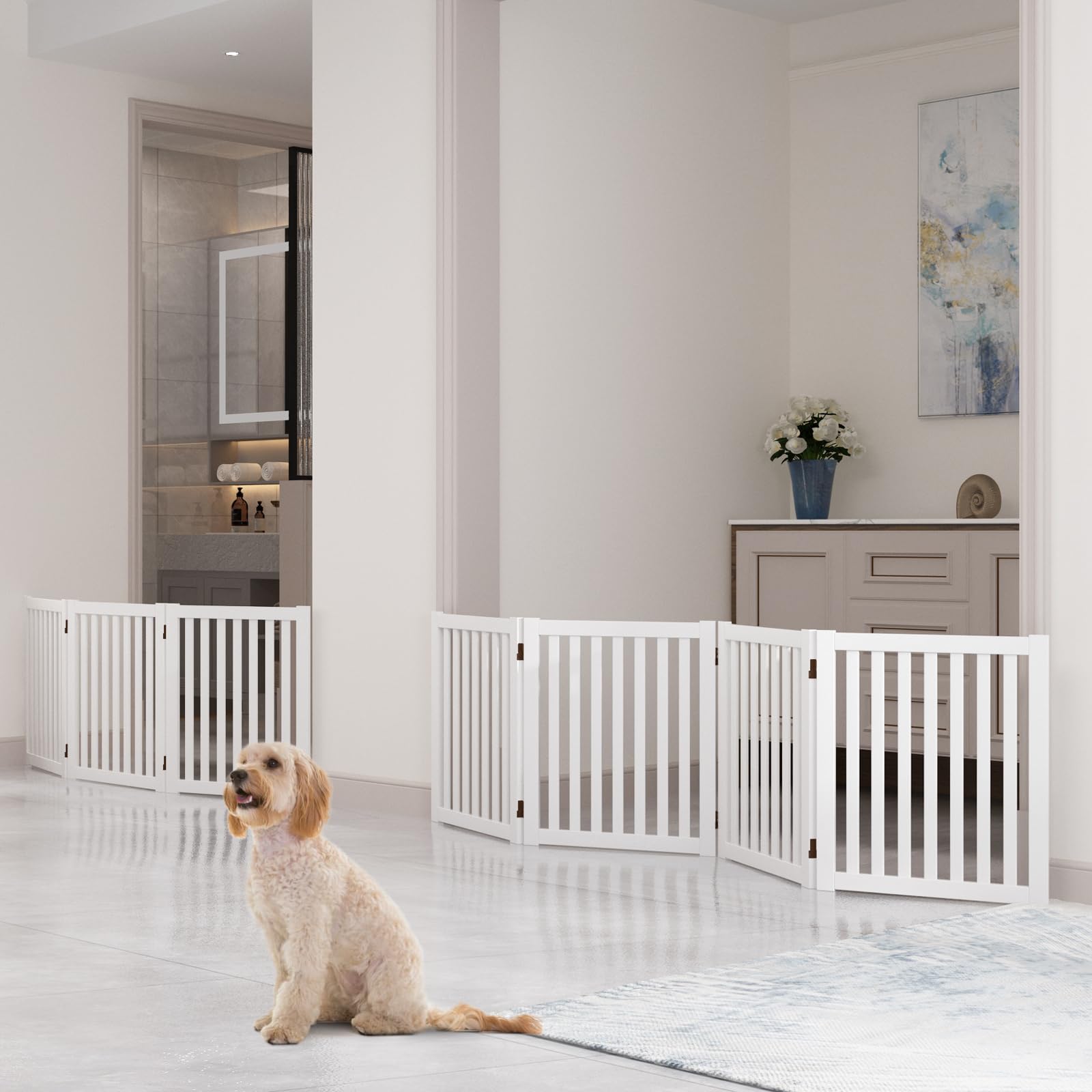 WELLAND Wooden Freestanding Pet Gate, 24 Inch 3 Panel Step Over Fence, Expands Up to 60" Wide, Foldable Indoor Dog Gate Puppy Safety Fence, White