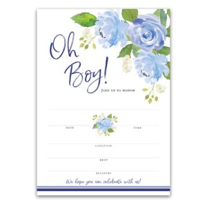 OH BOY! — Floral BABY SHOWER INVITATIONS— Pack of 25 — Garden Baby Shower Blank Fill-in INVITES, Flowers, Chic, Unique, Garden Invites, BLUE Baby BOY Sprinkle Invites, DIY Invites BLUE SKU I705-INV1