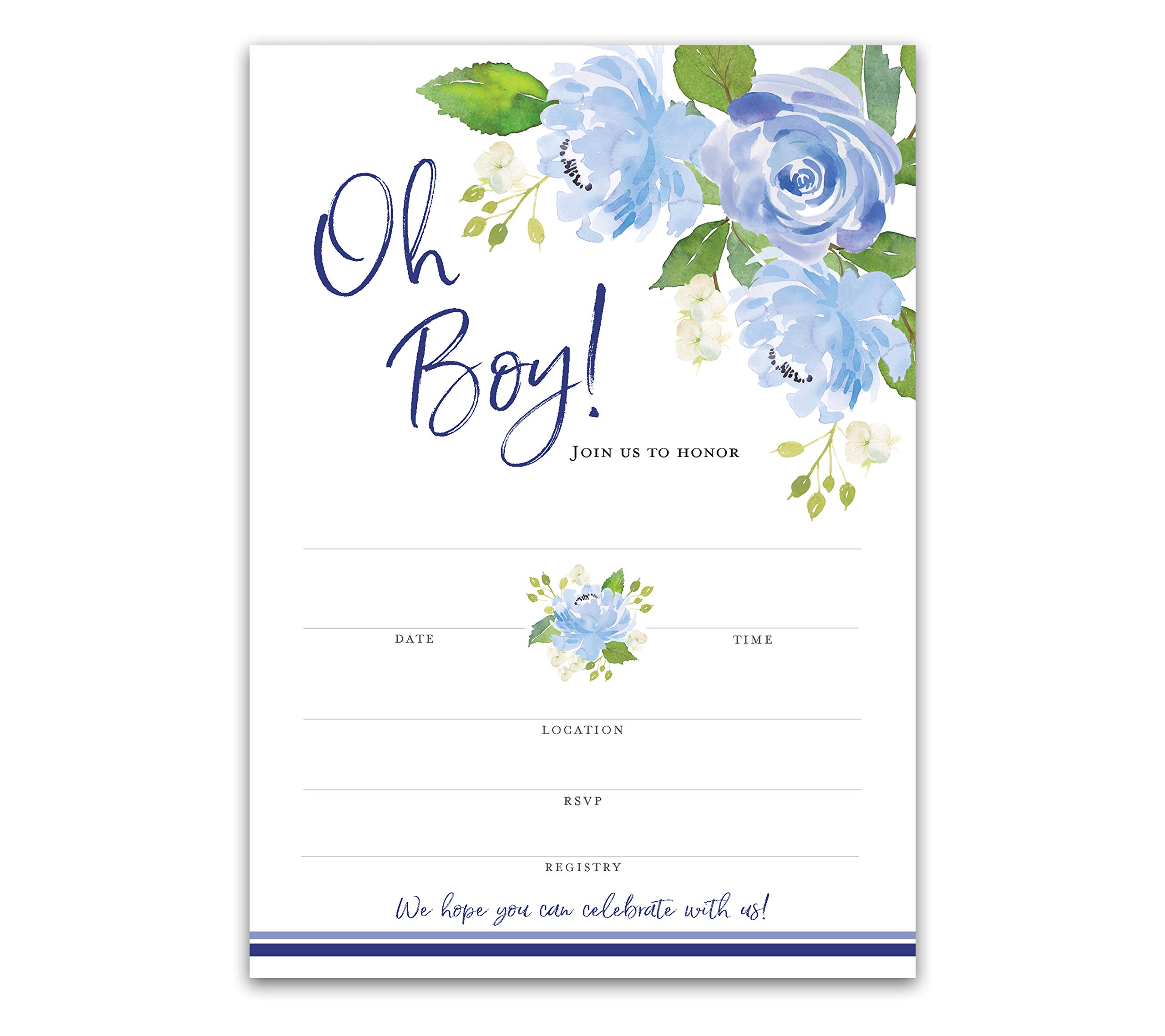 OH BOY! — Floral BABY SHOWER INVITATIONS— Pack of 25 — Garden Baby Shower Blank Fill-in INVITES, Flowers, Chic, Unique, Garden Invites, BLUE Baby BOY Sprinkle Invites, DIY Invites BLUE SKU I705-INV1