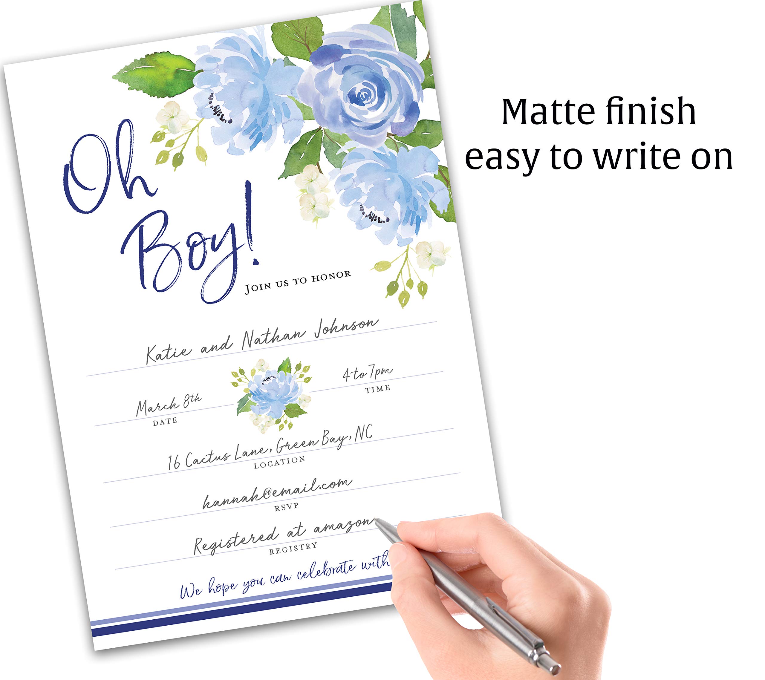 OH BOY! — Floral BABY SHOWER INVITATIONS— Pack of 25 — Garden Baby Shower Blank Fill-in INVITES, Flowers, Chic, Unique, Garden Invites, BLUE Baby BOY Sprinkle Invites, DIY Invites BLUE SKU I705-INV1