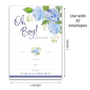 OH BOY! — Floral BABY SHOWER INVITATIONS— Pack of 25 — Garden Baby Shower Blank Fill-in INVITES, Flowers, Chic, Unique, Garden Invites, BLUE Baby BOY Sprinkle Invites, DIY Invites BLUE SKU I705-INV1