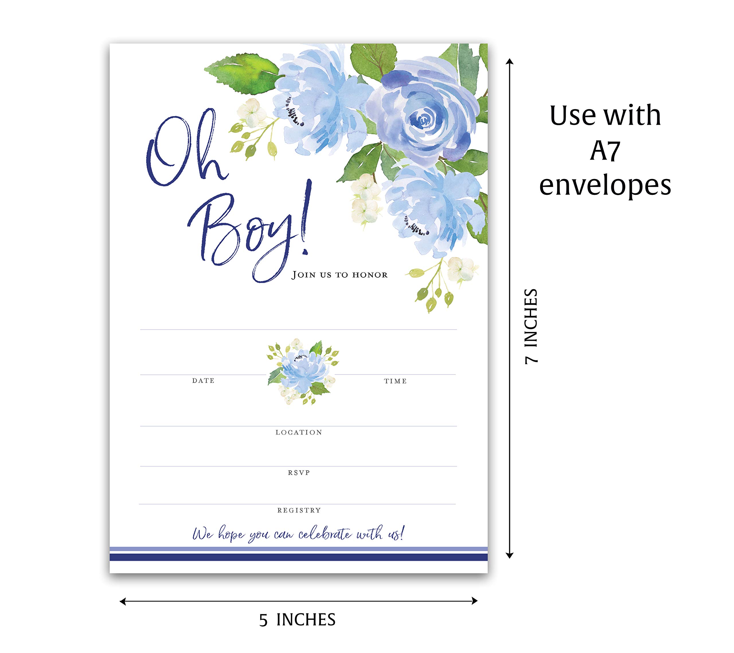 OH BOY! — Floral BABY SHOWER INVITATIONS— Pack of 25 — Garden Baby Shower Blank Fill-in INVITES, Flowers, Chic, Unique, Garden Invites, BLUE Baby BOY Sprinkle Invites, DIY Invites BLUE SKU I705-INV1