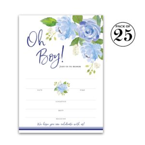 OH BOY! — Floral BABY SHOWER INVITATIONS— Pack of 25 — Garden Baby Shower Blank Fill-in INVITES, Flowers, Chic, Unique, Garden Invites, BLUE Baby BOY Sprinkle Invites, DIY Invites BLUE SKU I705-INV1