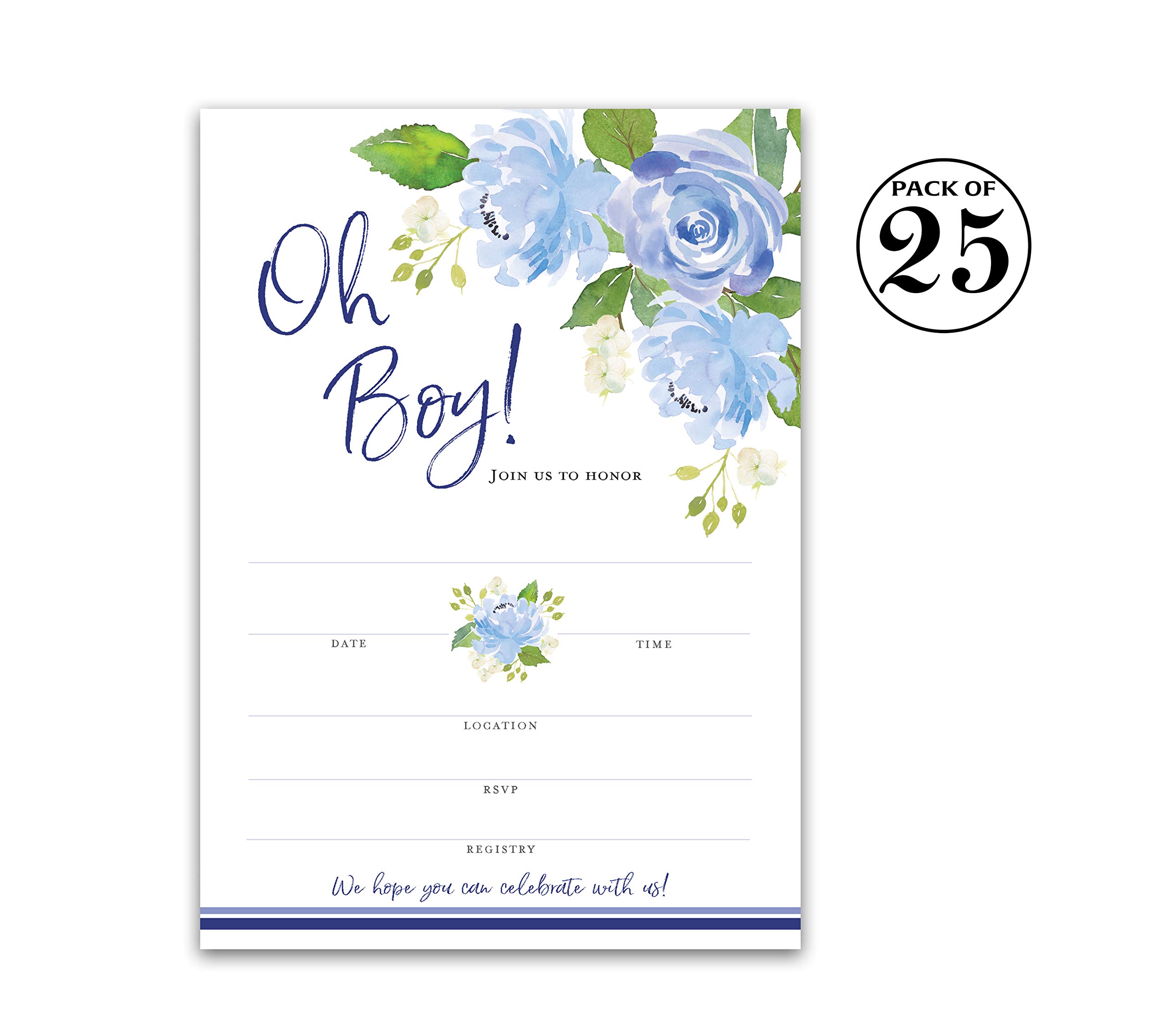 OH BOY! — Floral BABY SHOWER INVITATIONS— Pack of 25 — Garden Baby Shower Blank Fill-in INVITES, Flowers, Chic, Unique, Garden Invites, BLUE Baby BOY Sprinkle Invites, DIY Invites BLUE SKU I705-INV1