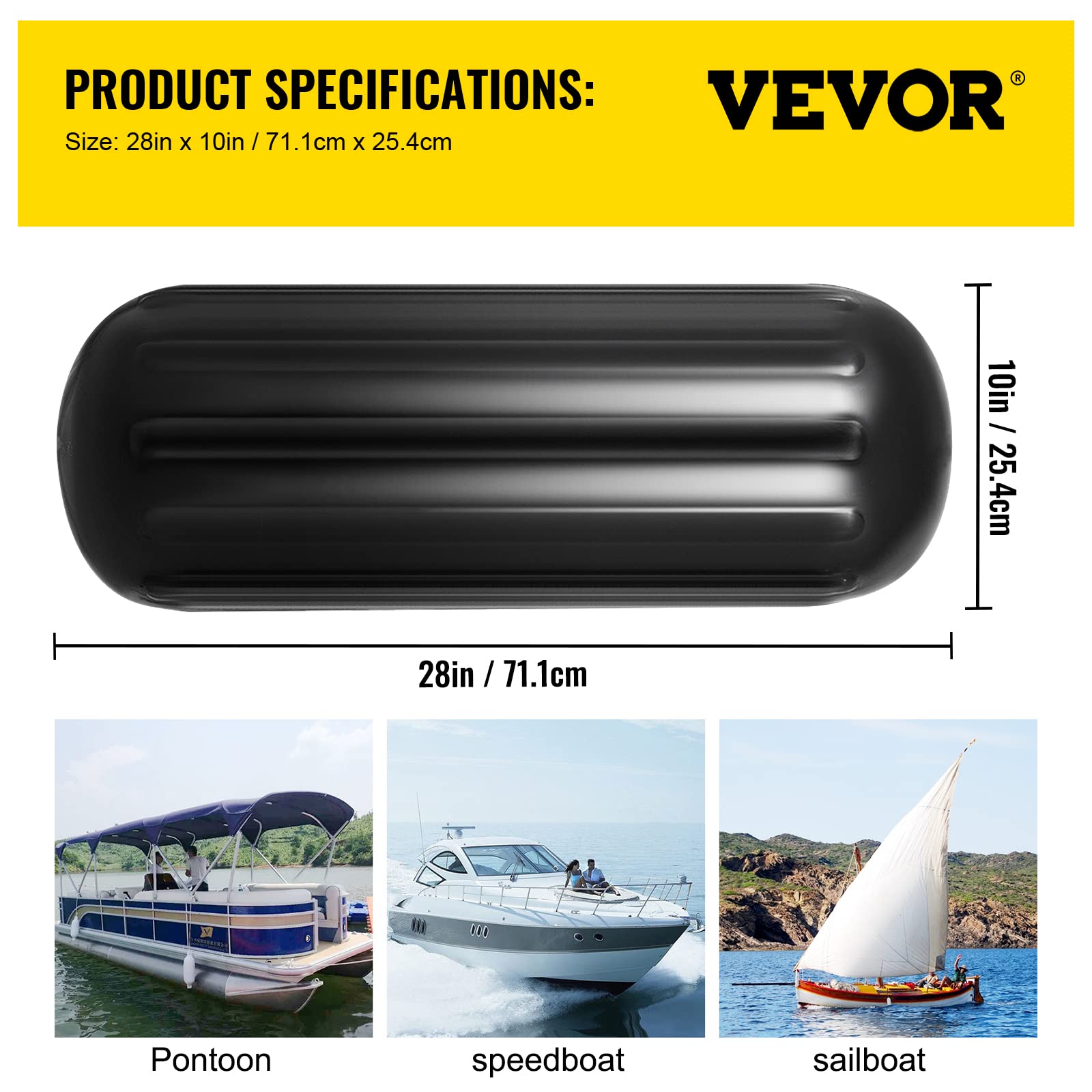 Vevor Mophorn 4 Ribbed Boat Fenders 10 x 28 Inch Boat Fenders Bumpers Black Center Hole Bumpers Protection