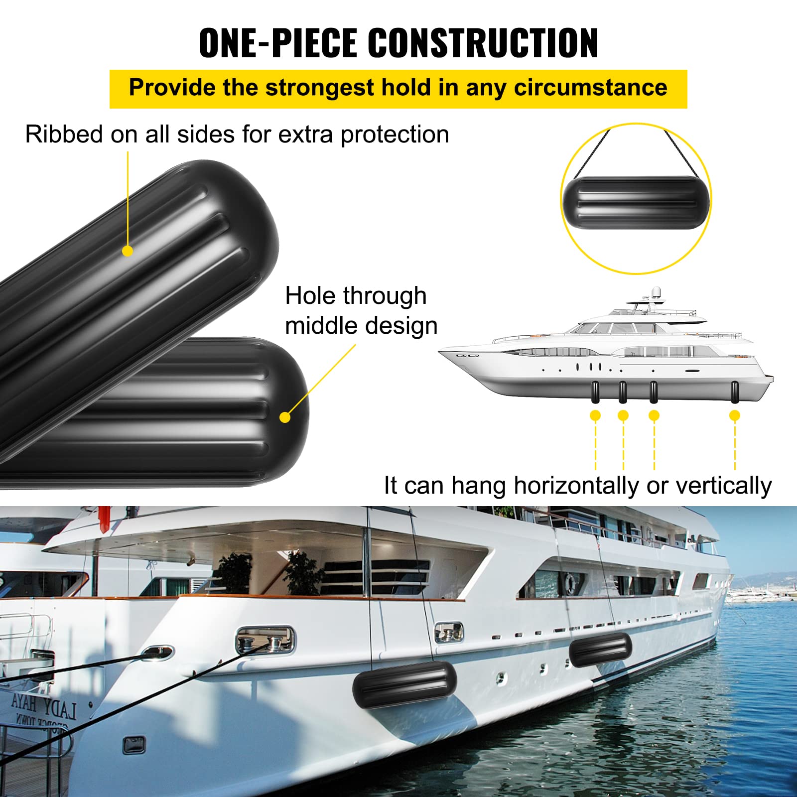 Vevor Mophorn 4 Ribbed Boat Fenders 10 x 28 Inch Boat Fenders Bumpers Black Center Hole Bumpers Protection