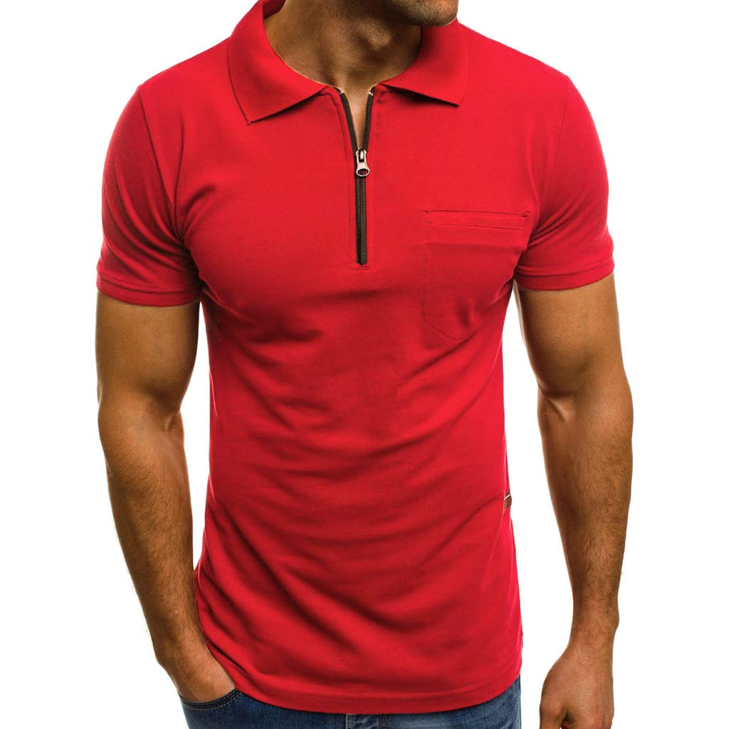 GDJGTA Mens Tops Solid Color Personality Men's Casual Slim Short Sleeve Pockets T Shirt Top Blouse