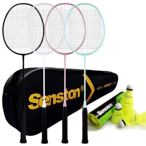 senston badminton racket, lightweight badminton rackets set with 6 nylon shuttlecocks for outdoor, backyards, gym, pack of 4