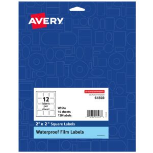 avery durable waterproof oil-resistant film labels with sure feed technology, 2" x 2" square, laser/pigment-inkjet, 120 labels (64503)