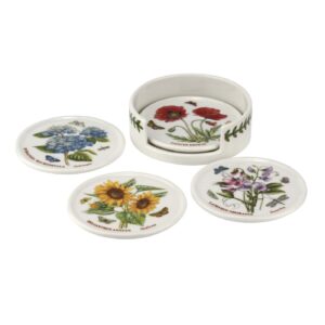 portmeirion botanic garden 3.75 ceramic coasters with holder- set of 4 | assorted floral motifs | porcelain | dishwasher safe, microwave safe, freezer safe