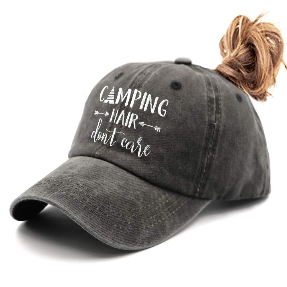 Waldeal Womens Embroidered Camping Hair Don't Care Ponytail Hat Adjustable Glamping Baseball Cap Black