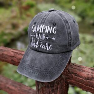 Waldeal Womens Embroidered Camping Hair Don't Care Ponytail Hat Adjustable Glamping Baseball Cap Black