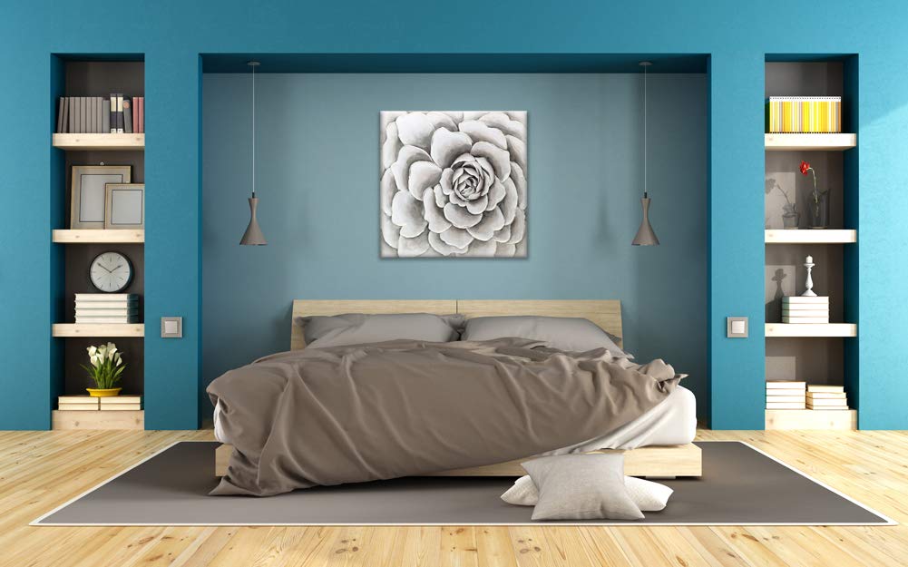 Paimuni Gray White Floral Succulent Plant Painting Modern Canvas Wall Art Printing with Embellishment Wall Decor Flower Pictures for Living Room Bathroom Bedroom Ready to Hang (24x24Inch)