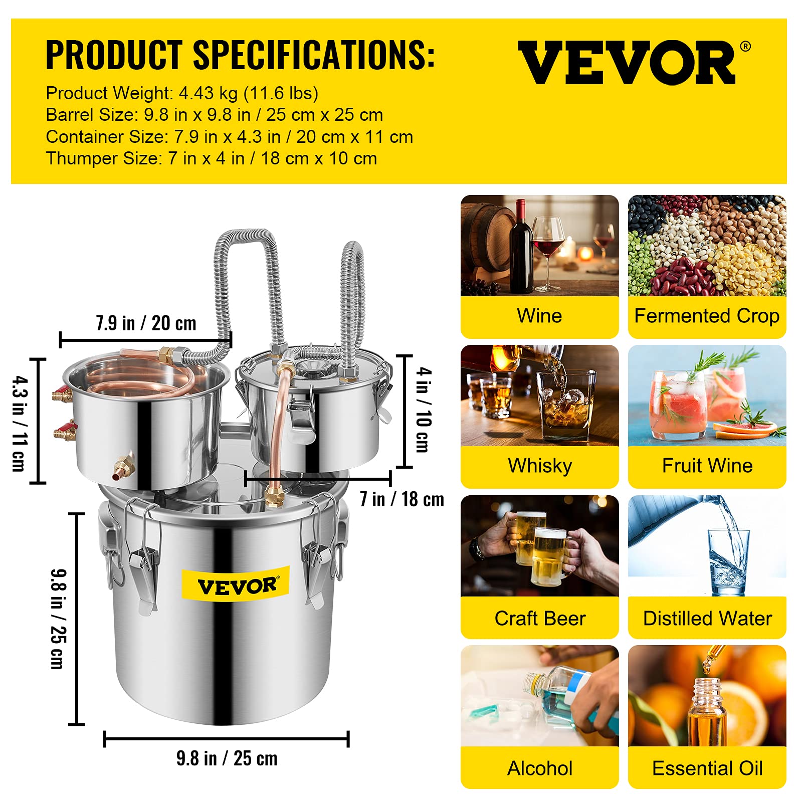 VEVOR Alcohol Still, 3 Gallon, Stainless Steel Alcohol Distiller with Copper Tube & Build-in Thermometer & Water Pump, Double Thumper Keg Home Brewing Kit, for DIY Whiskey Wine Brandy