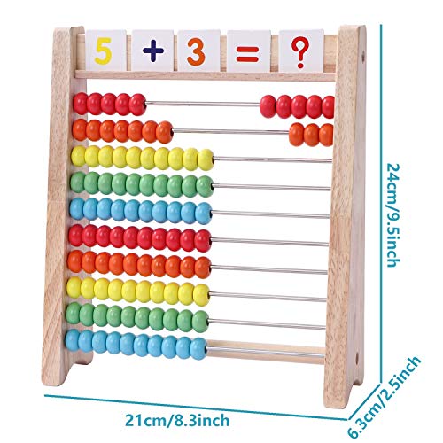 Educational Abacus for Kids Math - 10 Row Wooden Counting Frame with Number 1-100 Cards - Teach Counting, Addition and Subtraction, Preschool Learning Math Toys for Boys Girls Gift 3 4 5 Year Old