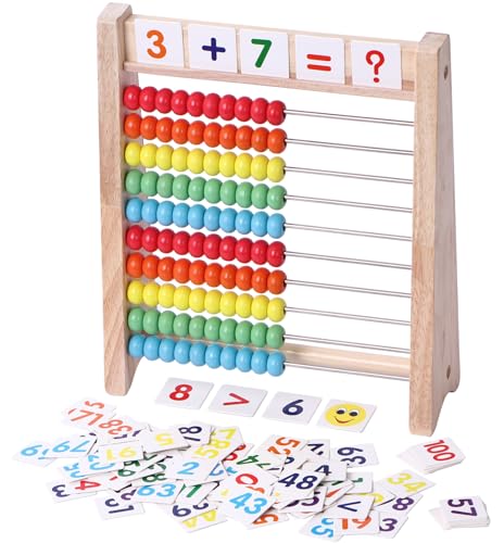 Educational Abacus for Kids Math - 10 Row Wooden Counting Frame with Number 1-100 Cards - Teach Counting, Addition and Subtraction, Preschool Learning Math Toys for Boys Girls Gift 3 4 5 Year Old