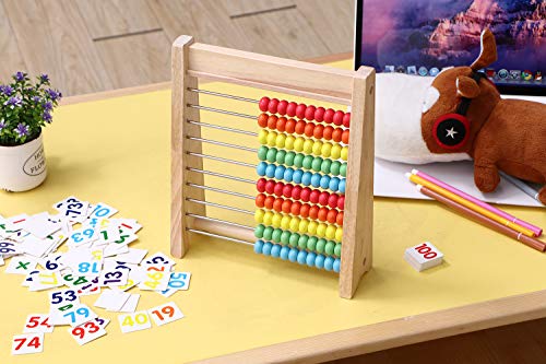 Educational Abacus for Kids Math - 10 Row Wooden Counting Frame with Number 1-100 Cards - Teach Counting, Addition and Subtraction, Preschool Learning Math Toys for Boys Girls Gift 3 4 5 Year Old