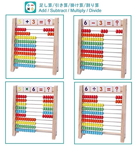 Educational Abacus for Kids Math - 10 Row Wooden Counting Frame with Number 1-100 Cards - Teach Counting, Addition and Subtraction, Preschool Learning Math Toys for Boys Girls Gift 3 4 5 Year Old