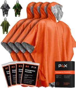 prepared4x emergency rain poncho with mylar survival blanket liner for car - heavy duty, waterproof camping gear, tactical prepper supplies– 4 pack (orange)