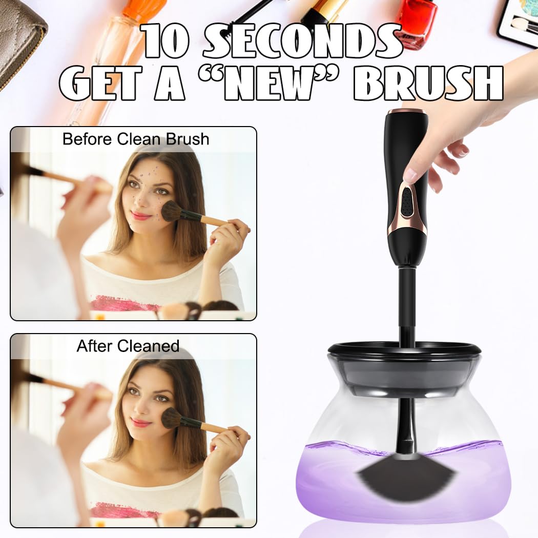 Makeup Brush Cleaner and Dryer Machine with FREE Makeup Cleaner Shampoo Super-Fast Electric Brush Cleaner Machine Automatic Brush Cleaner Spinner Makeup Brush Tools (black)