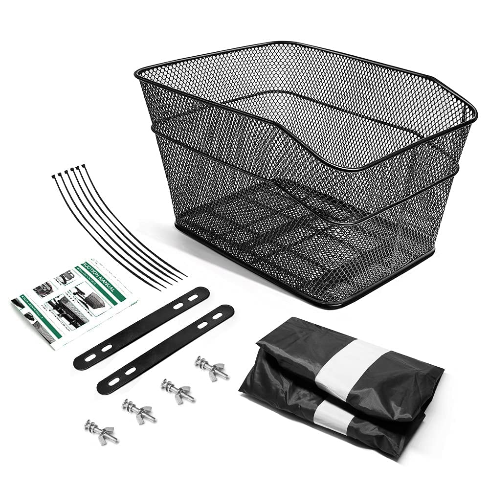 ANZOME Rear Bike Basket - Heavy-Duty Iron Wire Bicycle Cargo Rack with Reflective Waterproof Cover