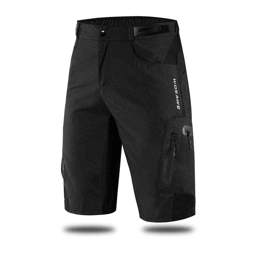 WOSAWE Men's Baggy Cycling Shorts Quick Dry Mountain Bike Bottoms with Waterproof Zipper Pockets, Black XXXL