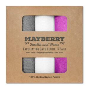 extra long (36 inches) exfoliating bath cloth (3 pack) gray, white, and magenta nylon bath towel, stitching on all sides for added durability