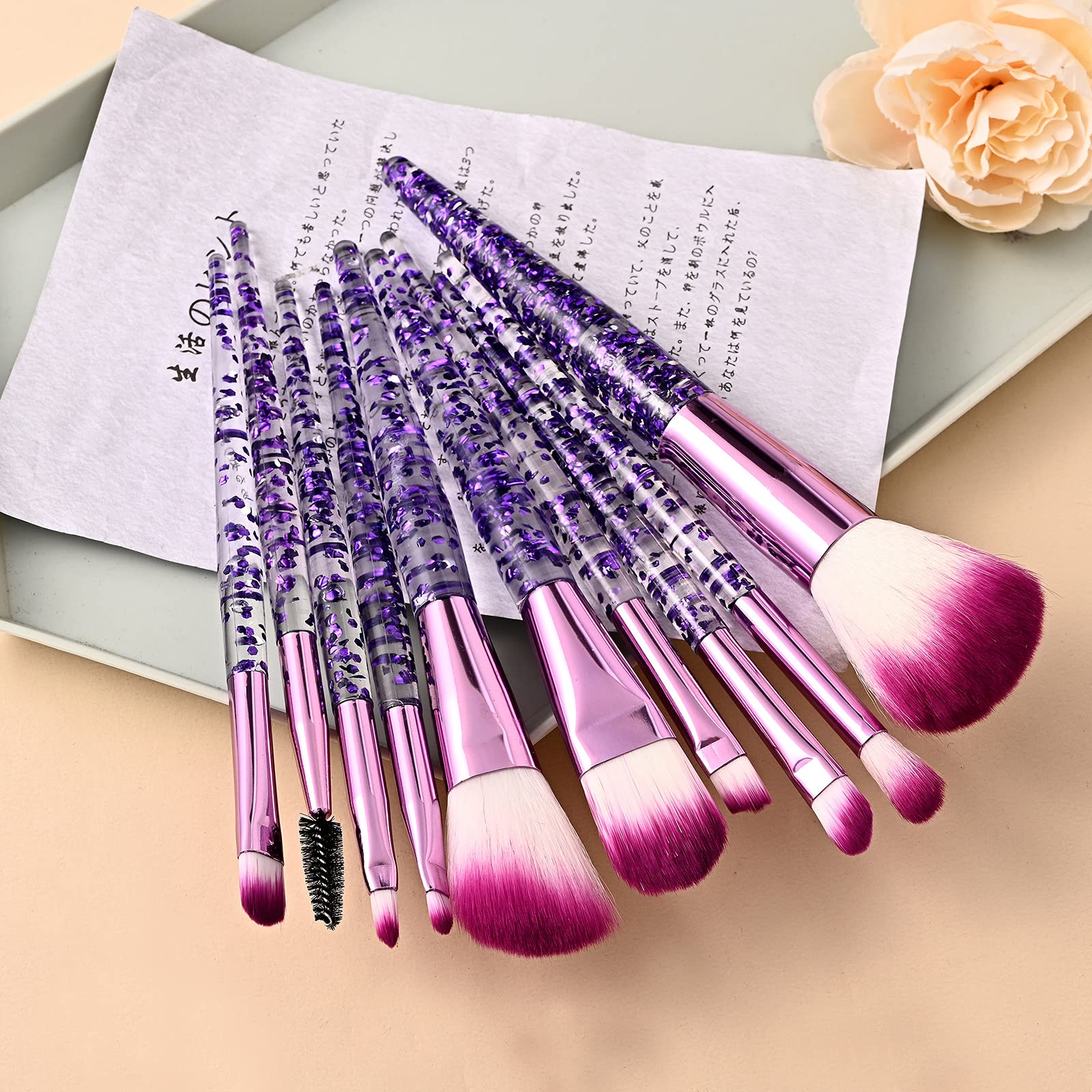 Kingtree Makeup Brush Set, 10PCS Stylish Glitter Handle Makeup Brushes Professional Face Powder Foundation Blending Blush Eye Shadow Cosmetic Brushes for Girls