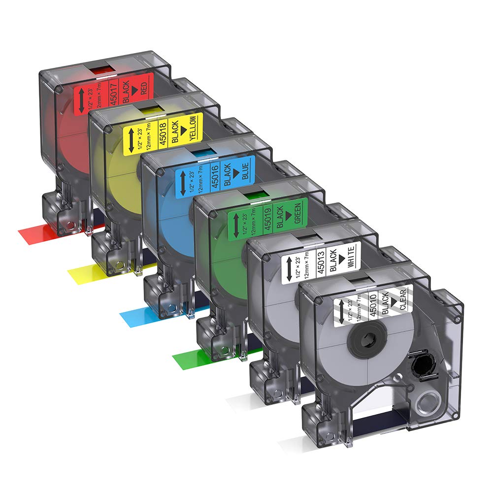 Bigger Compatible Label Tapes Replacement for DYMO D1 Label Tapes Color Combo Set (45010 45013 45016 45017 45018 45019) Compatible with DYMO LabelManager 160 280 420P 220P 360D 450 210D, 6-Pack