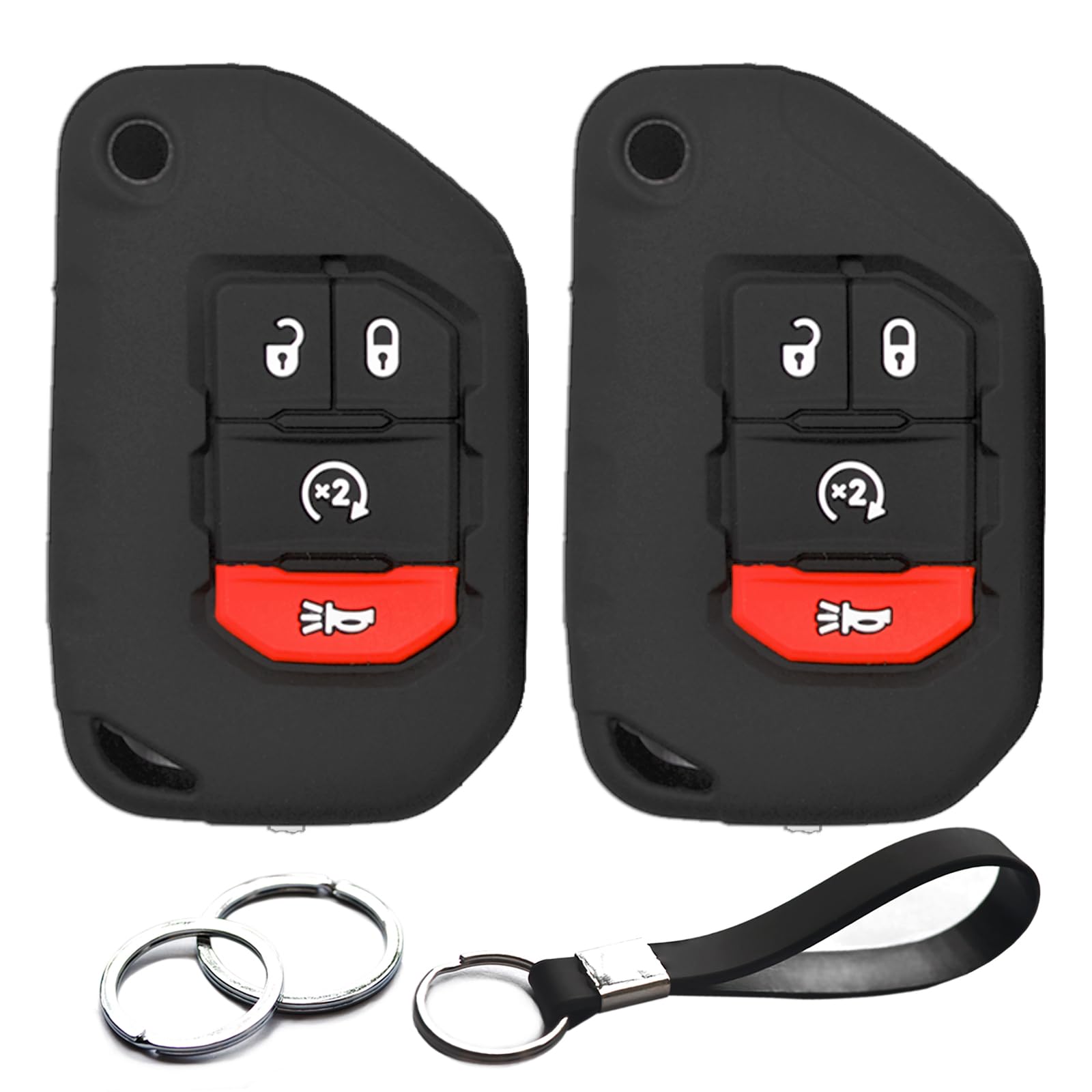 INFIPAR 2pcs Compatible with Jeep Wrangler JL Gladiator JT Wagoneer Flip 4 Buttons Black Key Fob Cover Case Key Chain Protector Keyless Remote Holder