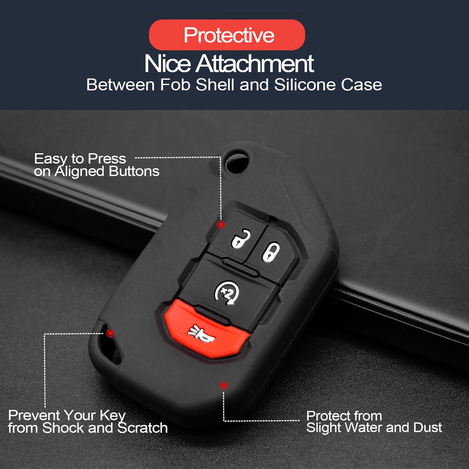 INFIPAR 2pcs Compatible with Jeep Wrangler JL Gladiator JT Wagoneer Flip 4 Buttons Black Key Fob Cover Case Key Chain Protector Keyless Remote Holder