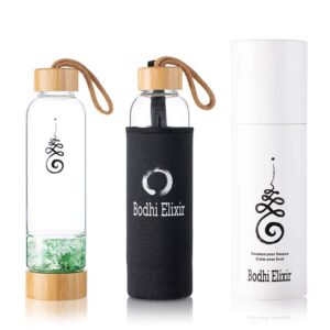 bodhi elixir crystal water bottle - crystal healing water bottle, quartz crystal water bottle, includes gemstones and protective neoprene sleeve