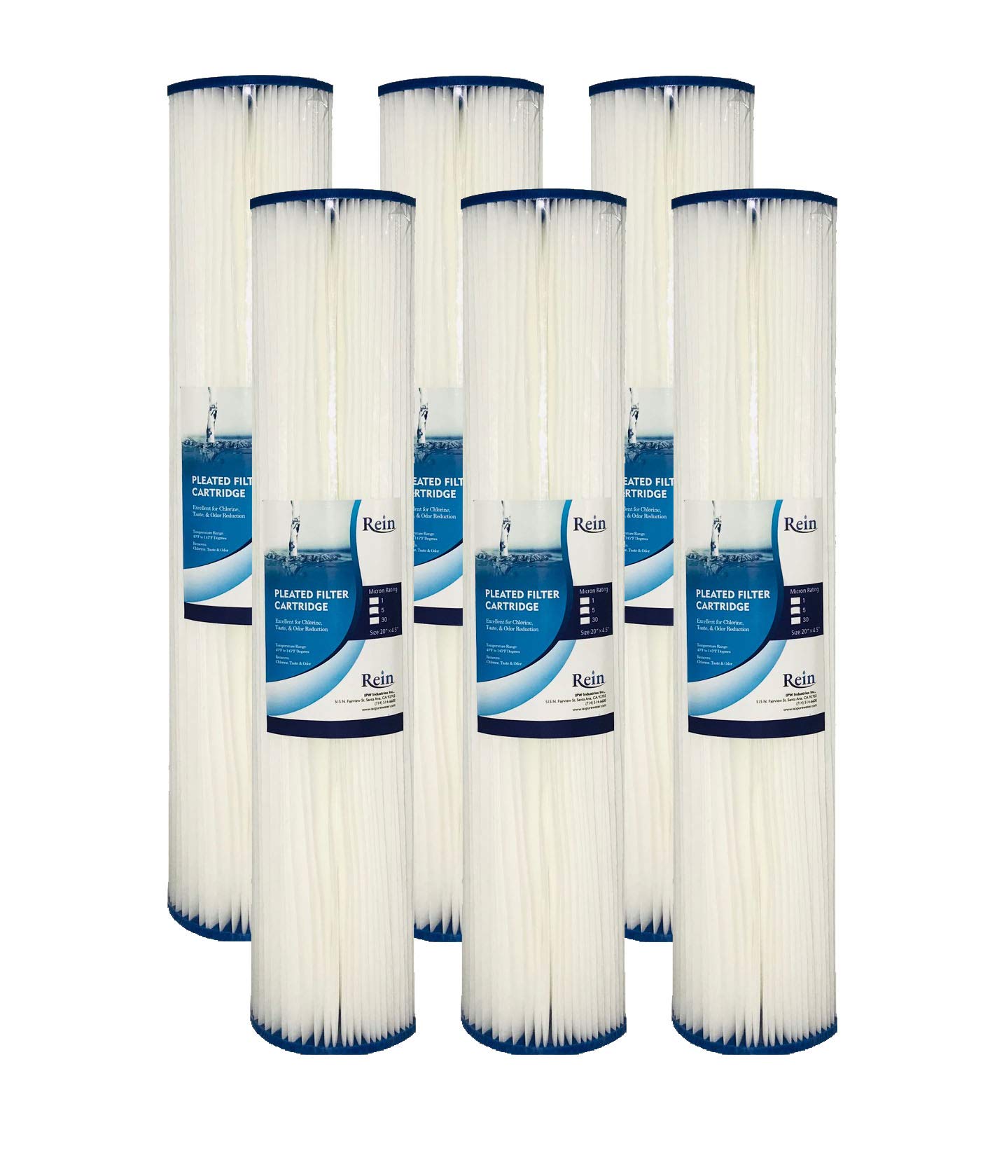 Pack of 6 - Whole House 20" x 4.5" Full Flow Pleated Polyester Sediment Filter Replacement Cartridge 30 Micron - Compatible with Pentek R30-20BB