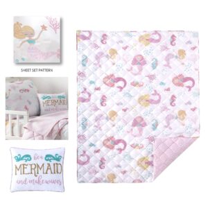 Levtex Baby Mermaid Pink, White, 5PC Toddler Set - Kids Bedding - Reversible Quilt, Fitted Sheet, Flat Sheet, Standard Pillow Case, Decorative Pillow